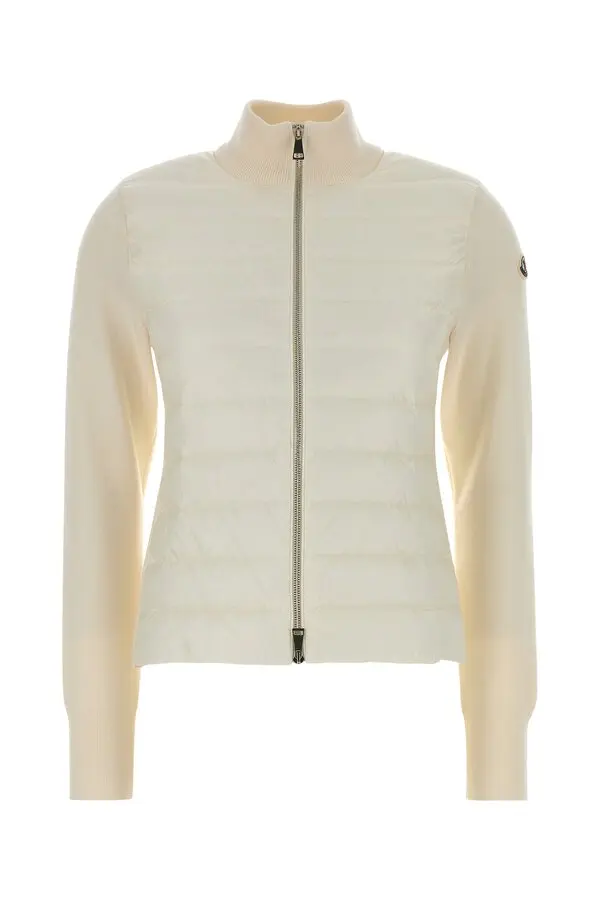 Moncler Ivory Nylon And Wool Cardigan - White