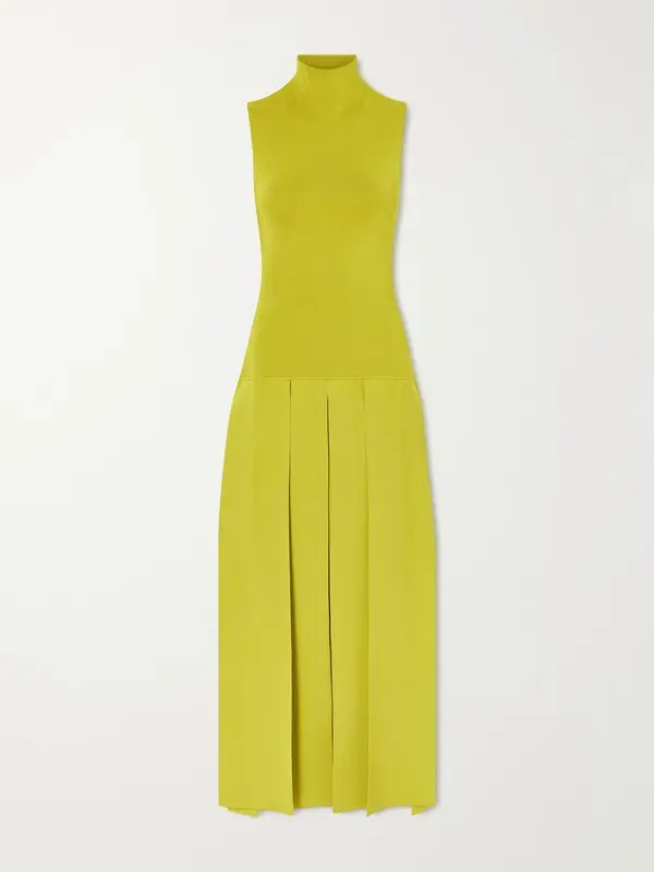 Alaïa Knitted Jersey High Neck Maxi Dress With Pleated Skirt