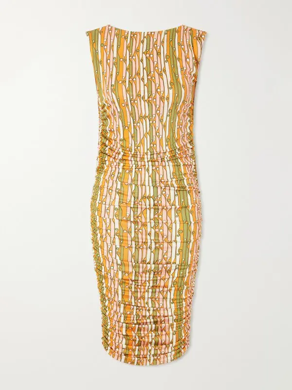 La DoubleJ Printed Ruched Mesh Mini Dress