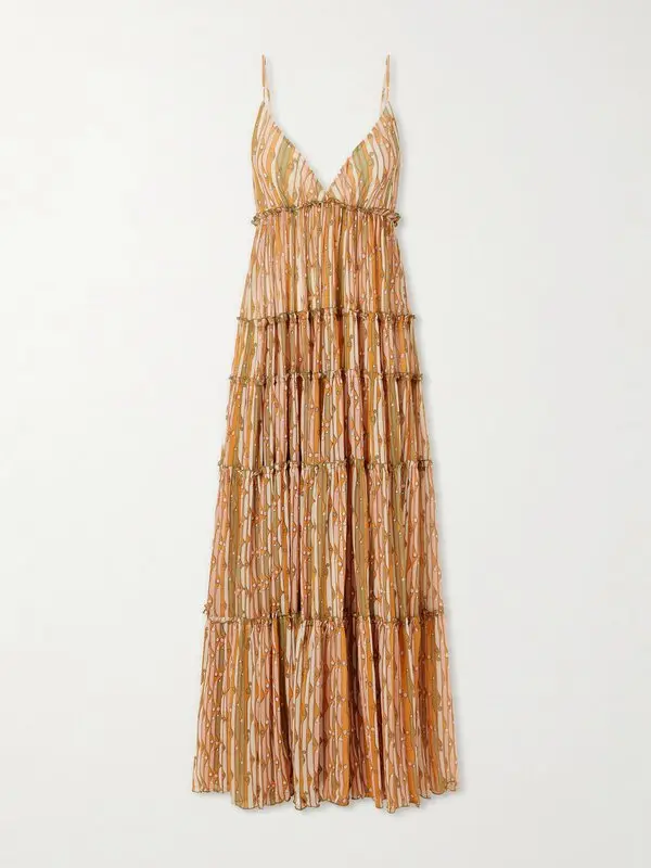 La DoubleJ Nymph Printed Ruffled Mesh Maxi Dress