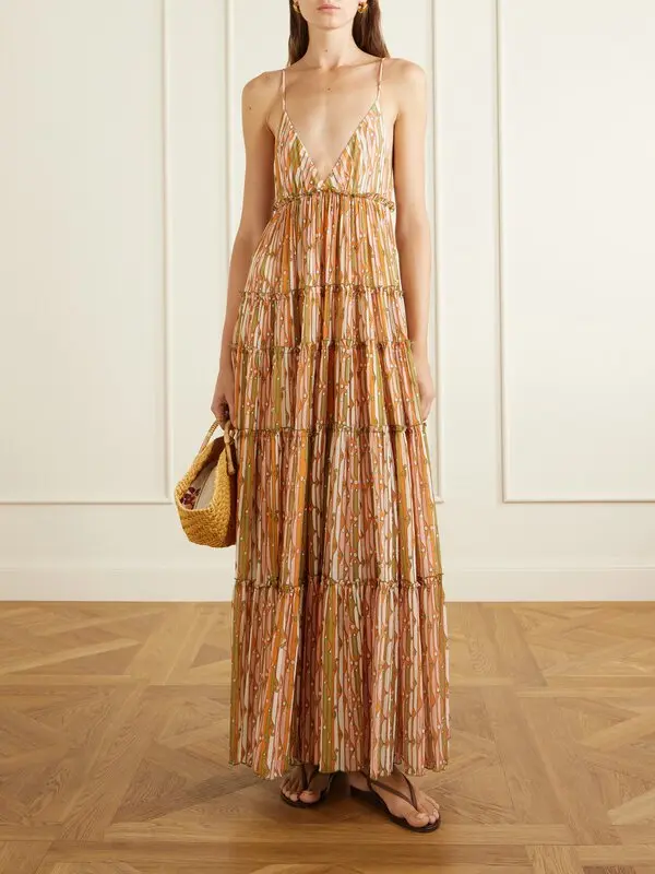 La DoubleJ Nymph Printed Ruffled Mesh Maxi Dress