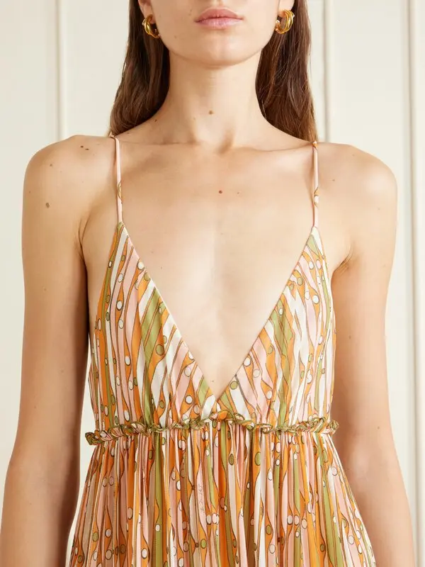 La DoubleJ Nymph Printed Ruffled Mesh Maxi Dress