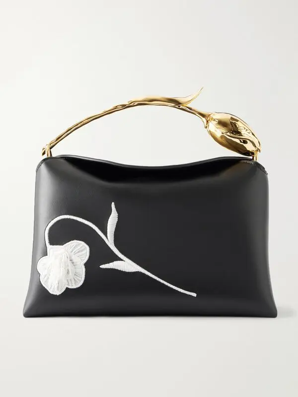 Erdem Floral-embroidered Leather Clutch With Sculptural Handle