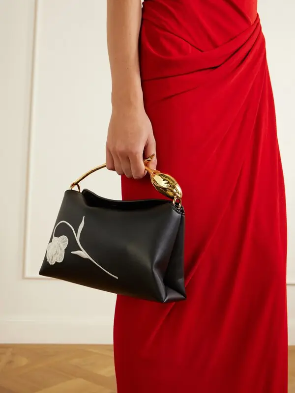 Erdem Floral-embroidered Leather Clutch With Sculptural Handle