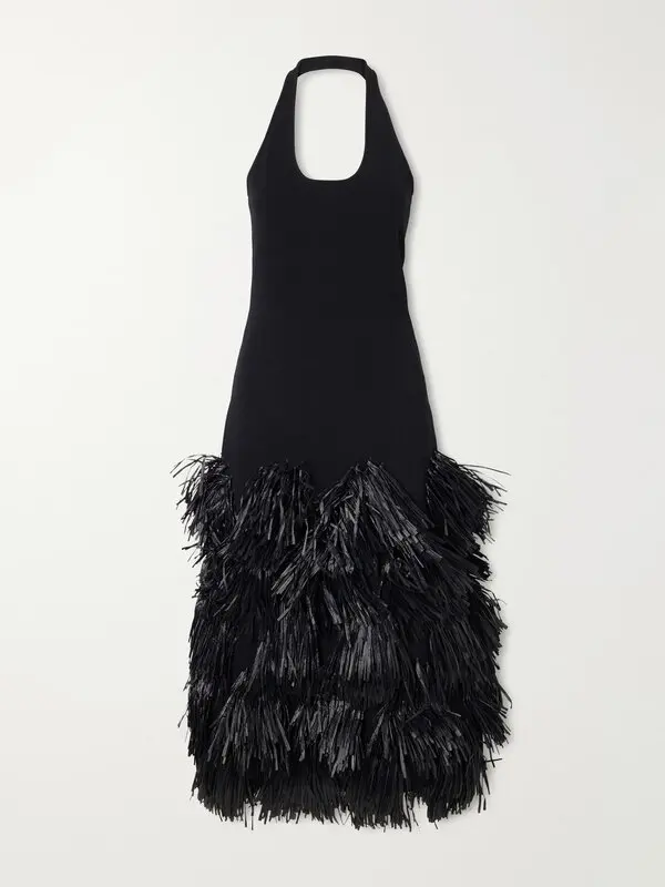 Aje Elva Halterneck Stretch-jersey Midi Dress With Raffia-effect Poms