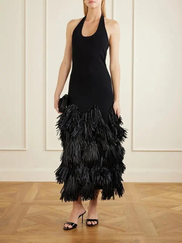 Aje Elva Halterneck Stretch-jersey Midi Dress With Raffia-effect Poms