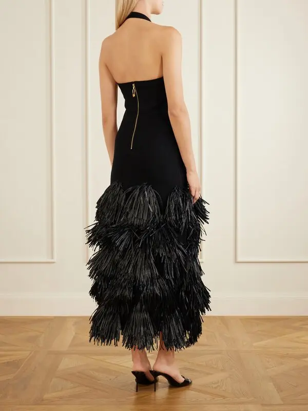 Aje Elva Halterneck Stretch-jersey Midi Dress With Raffia-effect Poms