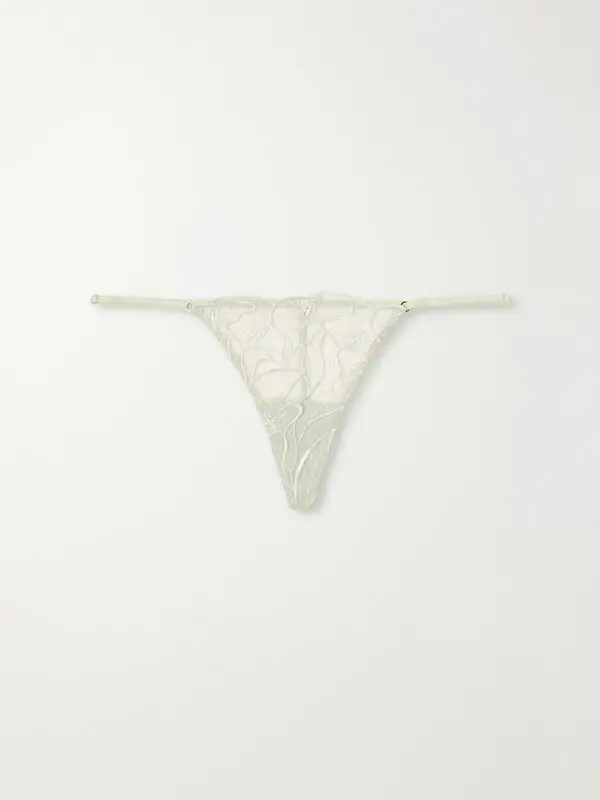 Kiki De Montparnasse Calla Lily Floral-embroidered Mesh Thong - Green