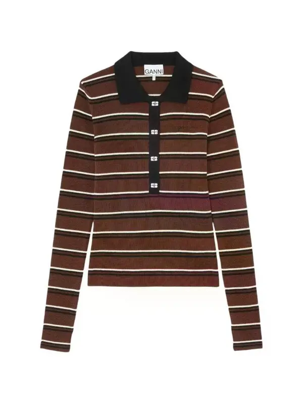 GANNI Striped Button-embellished Long Sleeve Polo Shirt