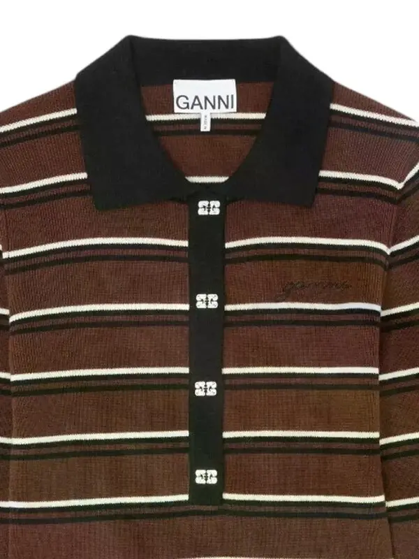 GANNI Striped Button-embellished Long Sleeve Polo Shirt