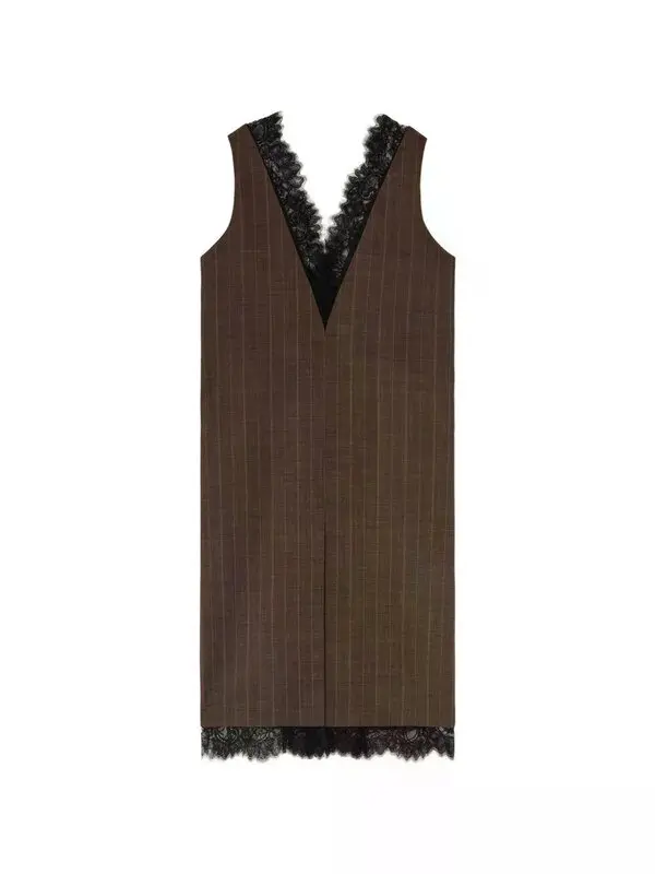 GANNI Pinstriped Lace-trim Midi Dress - Brown