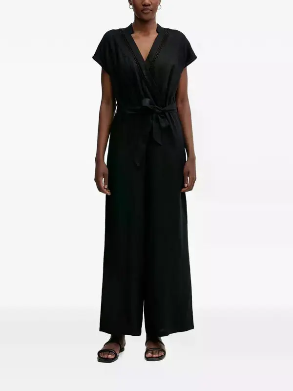 BENETTON Lace-trim Belted Wide-leg Jumpsuit - Black