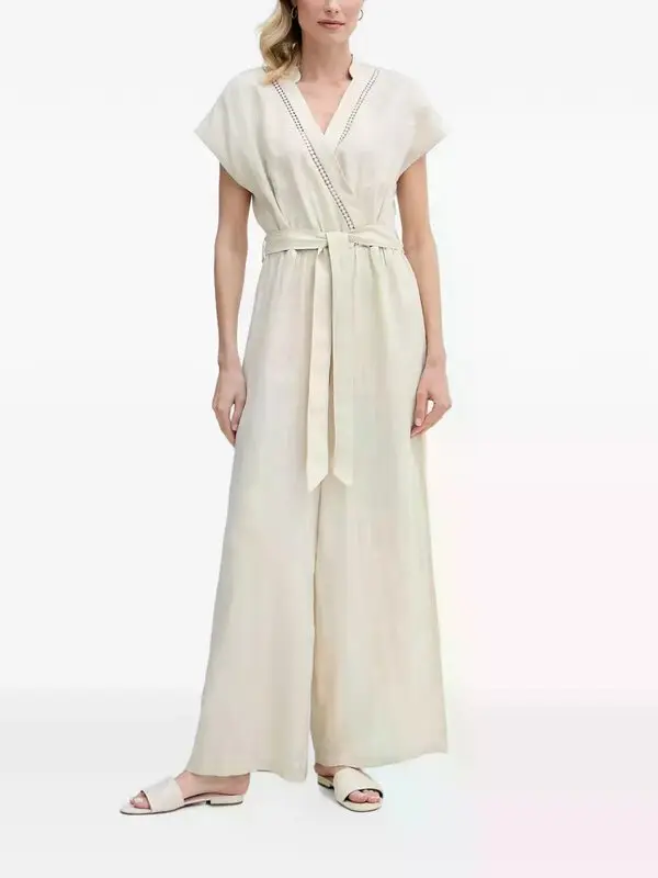 BENETTON Linen Crochet Trim Belted Jumpsuit - Neutrals