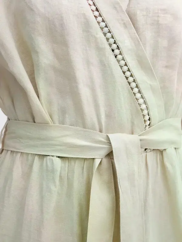 BENETTON Linen Crochet Trim Belted Jumpsuit