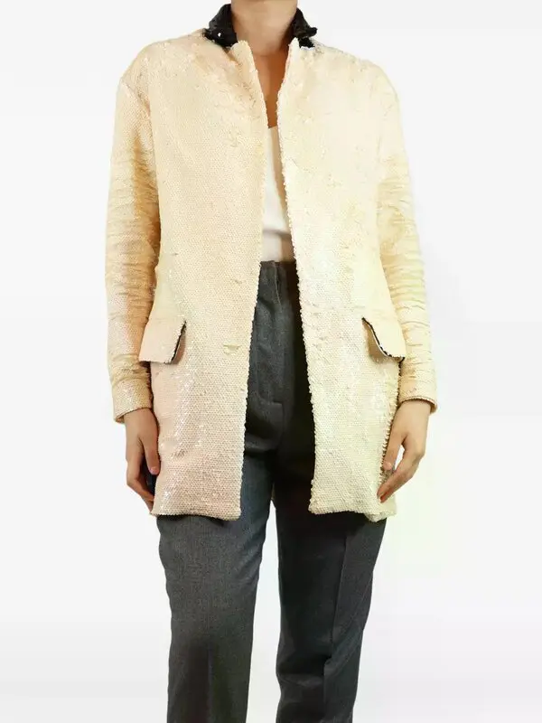 Stefania Vaidani Cream Sequin Embellished Long Sleeve Coat
