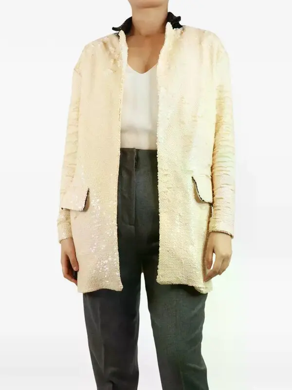 Stefania Vaidani Cream Sequin Embellished Long Sleeve Coat