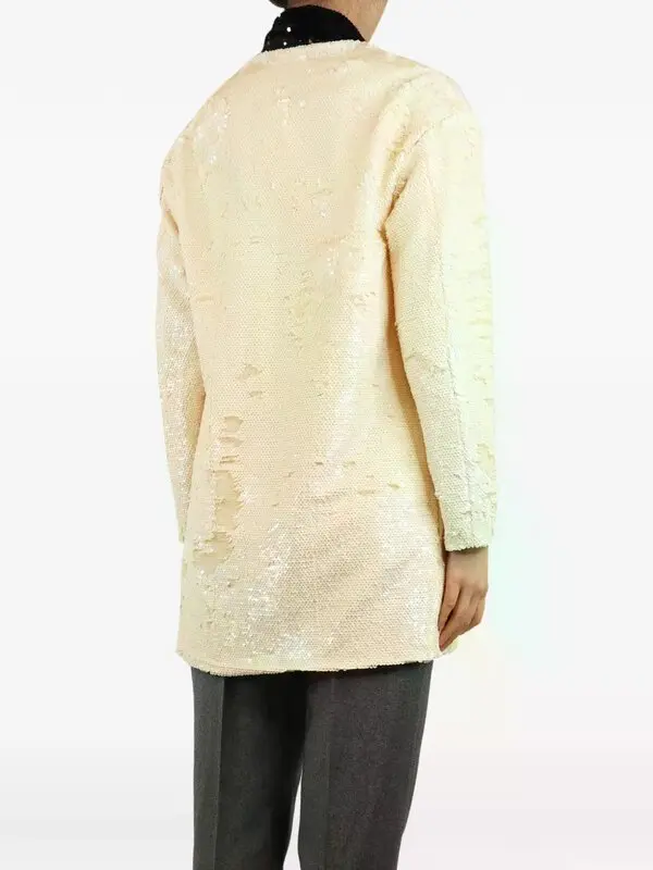 Stefania Vaidani Cream Sequin Embellished Long Sleeve Coat