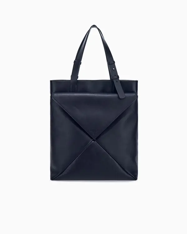 Giorgio Armani Vertical Shopper In Smooth Leather With Mosaic Effect - Black
