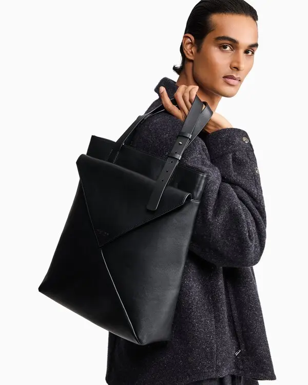 Giorgio Armani Vertical Shopper In Smooth Leather With Mosaic Effect