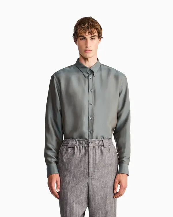 Giorgio Armani Shirt Regular Fit In Iridescent Yarn-dyed Silk Twill