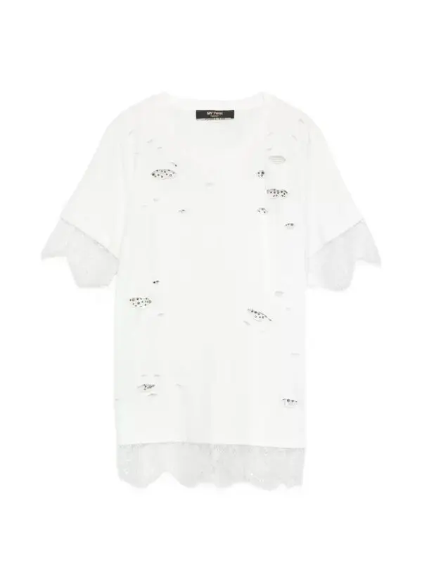 MY TWIN Distressed Cotton T-shirt With Lace Trim