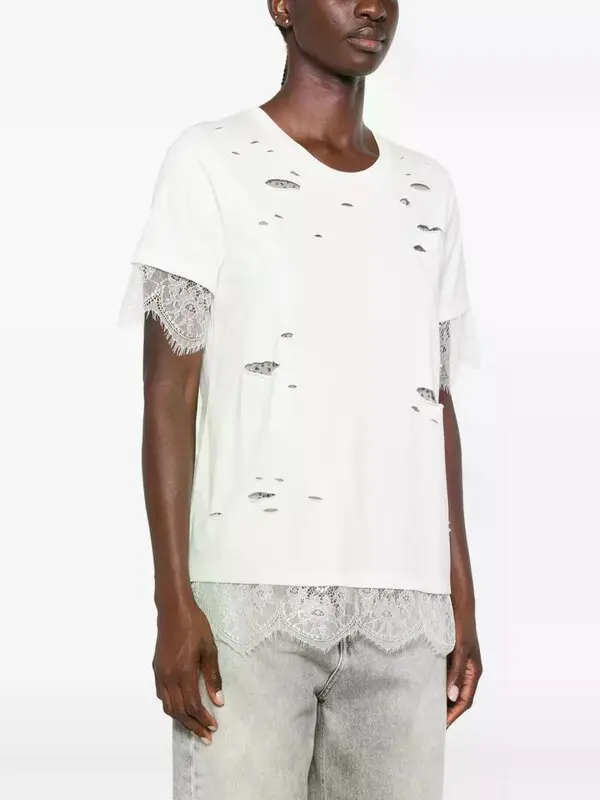 MY TWIN Distressed Cotton T-shirt With Lace Trim