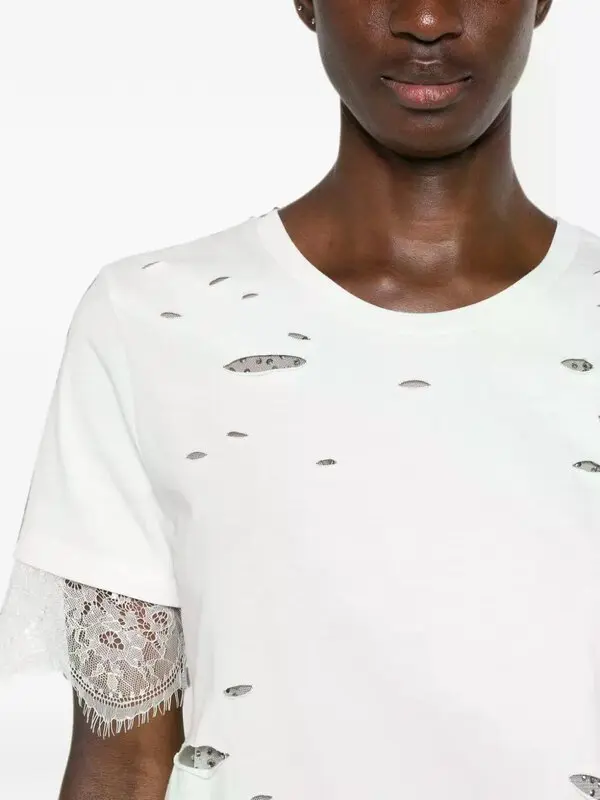 MY TWIN Distressed Cotton T-shirt With Lace Trim