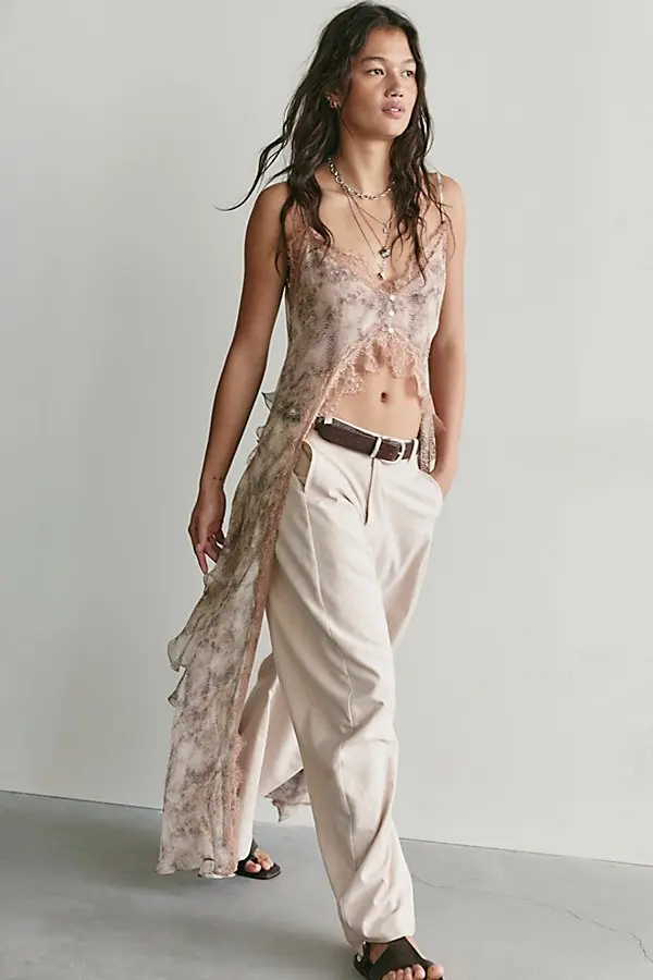 NIGEL PRESTON Chiffon Lace Trim Maxi Top