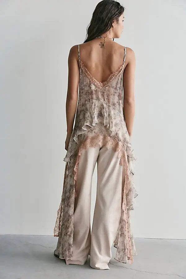 NIGEL PRESTON Chiffon Lace Trim Maxi Top