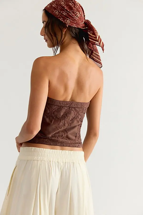 Free People Embroidered Strapless Tube Top With Button Details - Chickory Coffee