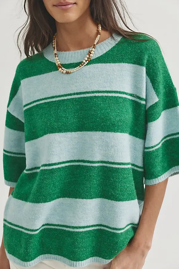 Free People Margot Stripe Softspun Sweater Tee - Sage Green Combo