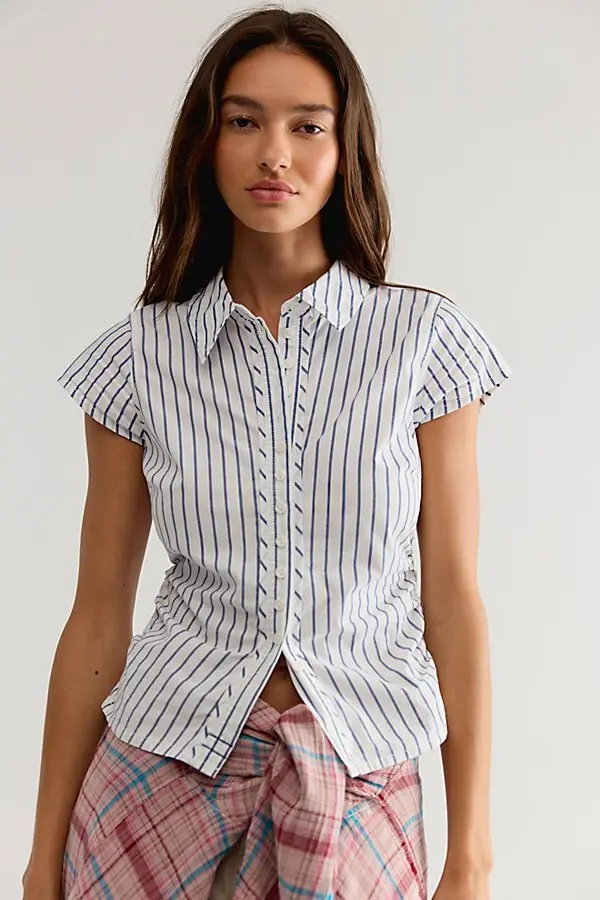 We The Free Maude Striped Button-down Top With Ruching