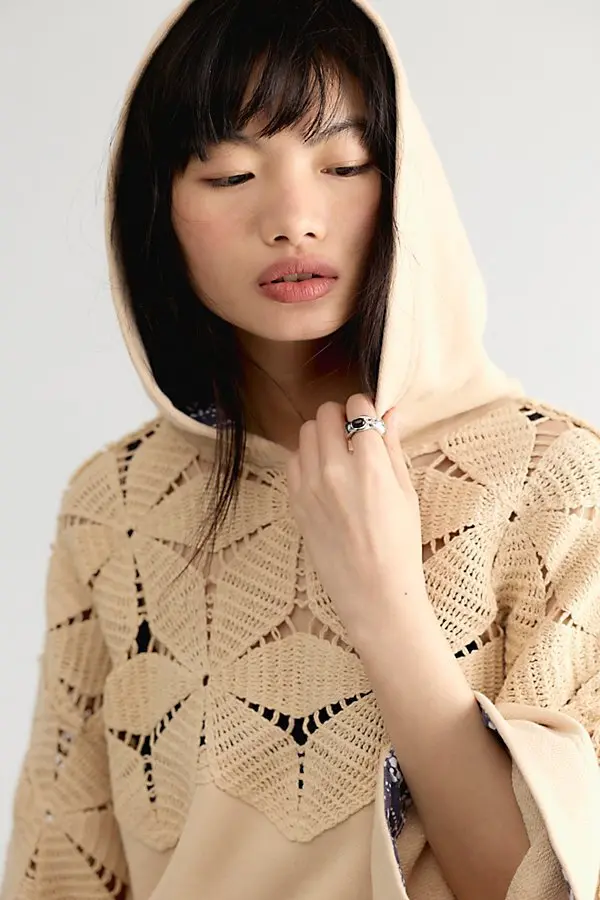 Free People Maia Poncho Jacket With Crochet And Bell Sleeves