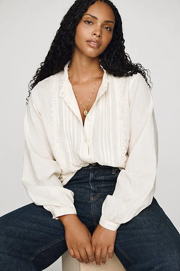 Anthropologie Lace Bib Buttondown Blouse - Ivory