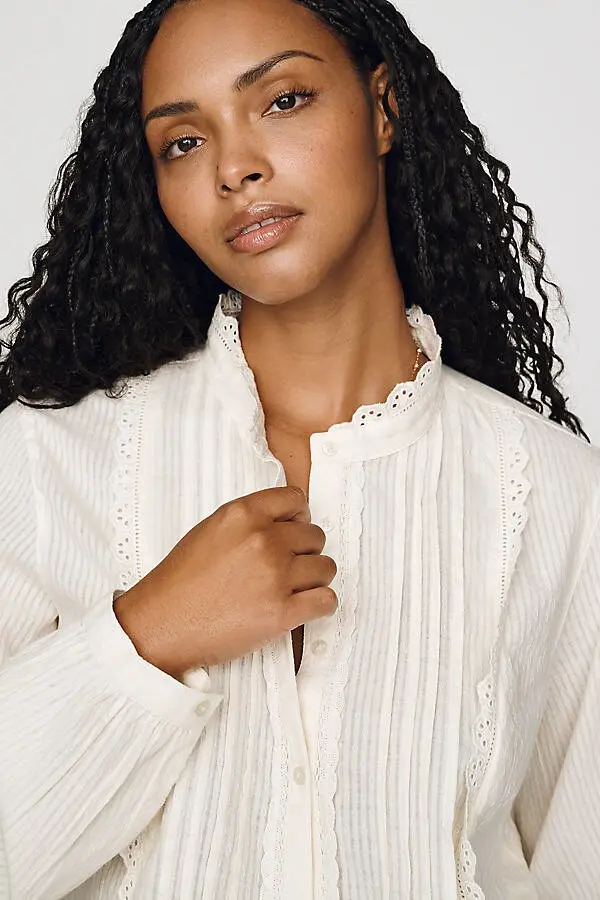 Anthropologie 100% Cotton Lace Buttondown Blouse - Ivory