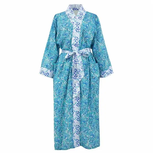 LIME TREE DESIGN Turquoise Cotton Full Length Kimono - Blue