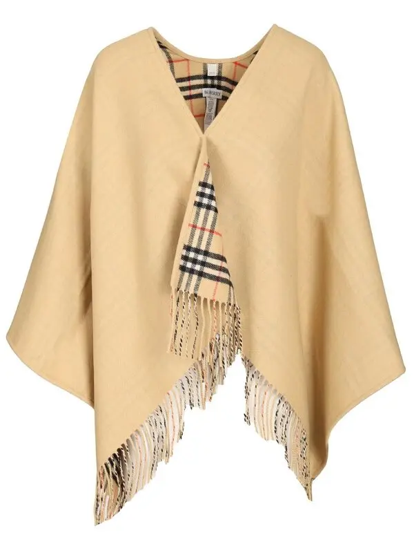 Burberry Reversible Wool Cape With Check Detail And Fringes - Cream