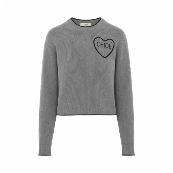 Chloé Logo Heart Crew Neck Sweater - Gray