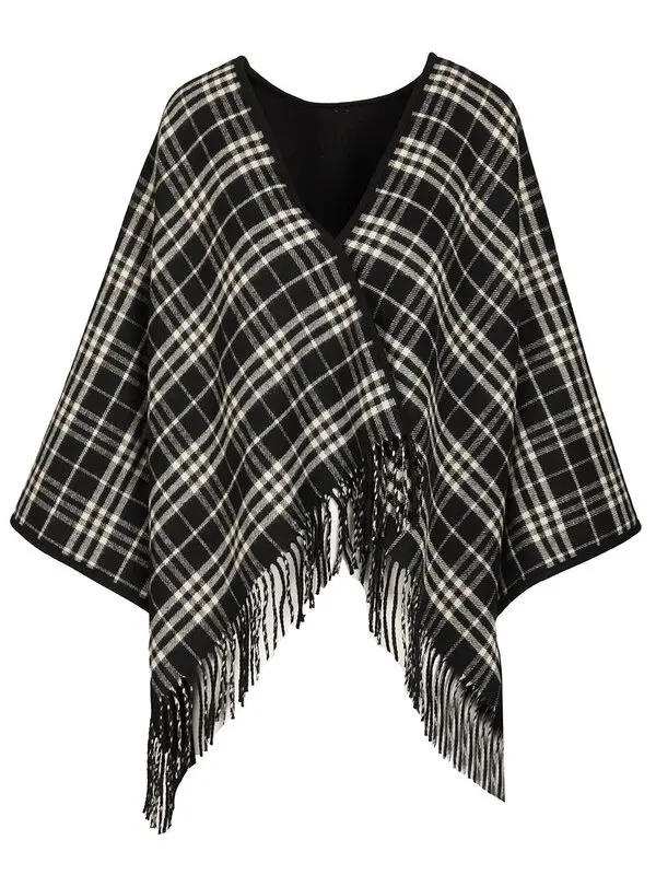 Burberry Reversible Wool Cape With Fringes - Black