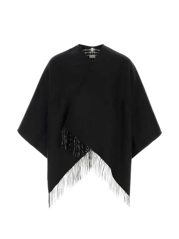 Burberry Reversible Wool Cape With Fringes - Black