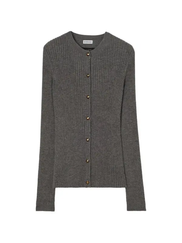 Burberry Ribbed Cashmere Crewneck Cardigan - Gray