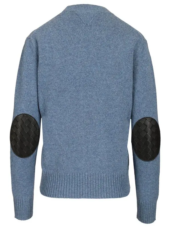 Bottega Veneta Medium Weight Cashmere Sweater With Woven Leather Elbow Patches - Blue
