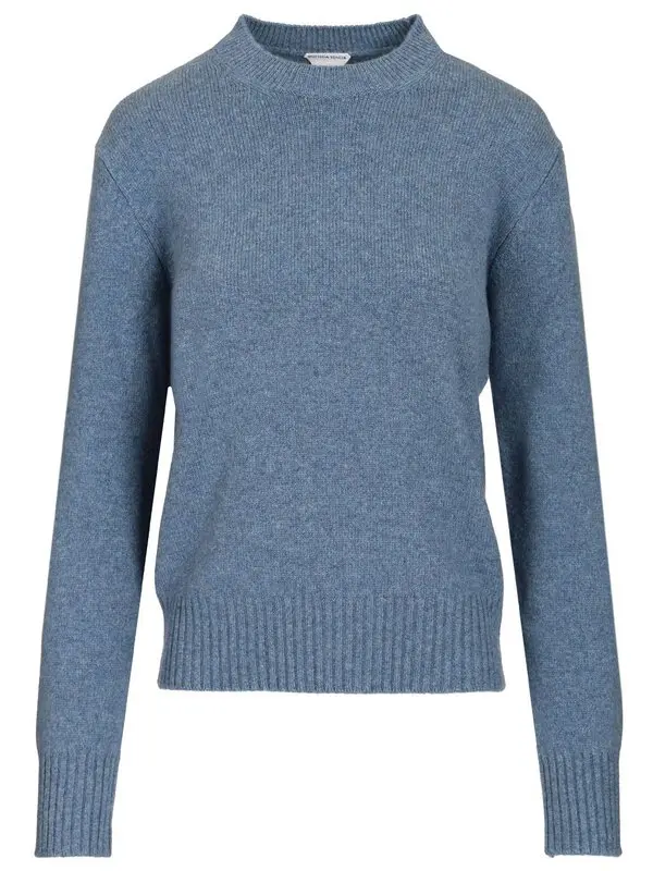 Bottega Veneta Medium Weight Cashmere Sweater With Woven Leather Elbow Patches - Blue