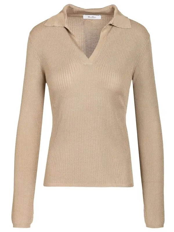 Max Mara Knitted Polo Collar V-neck Top In Silk And Cashmere Blend - Cream