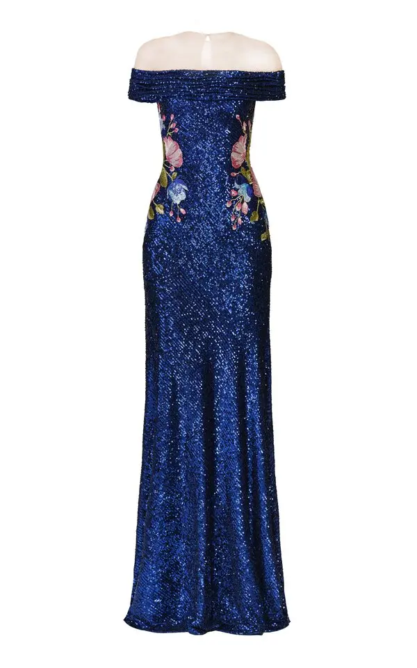 Naeem Khan Stretch Sequin Off-shoulder Illusion Neckline Gown With Floral Applique