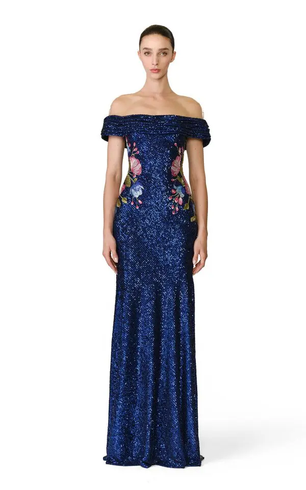 Naeem Khan Stretch Sequin Off-shoulder Illusion Neckline Gown With Floral Applique