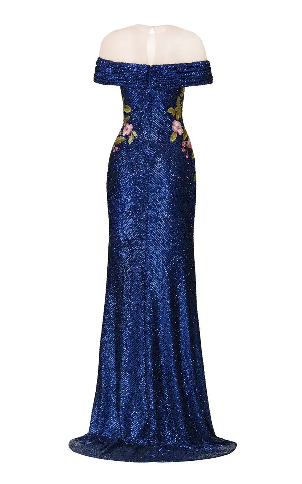 Naeem Khan Stretch Sequin Off-shoulder Illusion Neckline Gown With Floral Applique