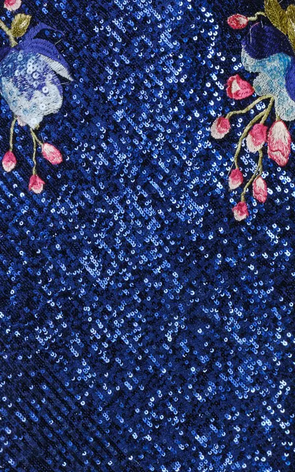 Naeem Khan Stretch Sequin Off-shoulder Illusion Neckline Gown With Floral Applique