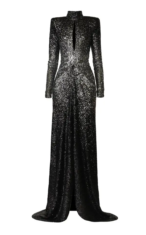Naeem Khan Ombre Draped Mock Neck Stretch Sequin Gown With Front Slit