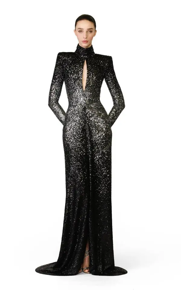 Naeem Khan Ombre Draped Mock Neck Stretch Sequin Gown With Front Slit